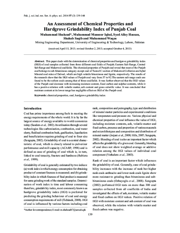 (PDF) An Assessment of Chemical Properties and Hardgrove Grindability ...