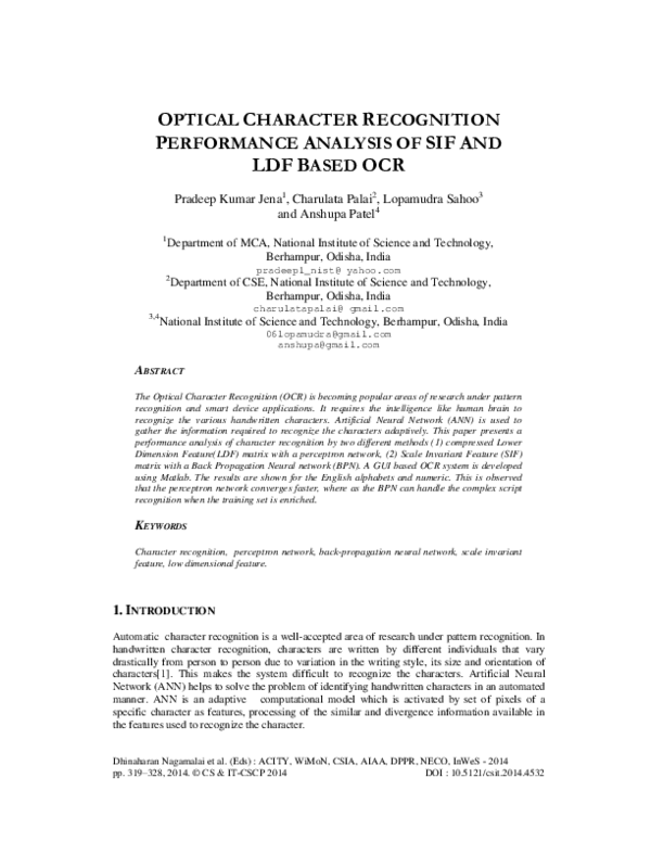 (PDF) Optical Character Recognition Performance Analysis of SIF and LDF Based OCR