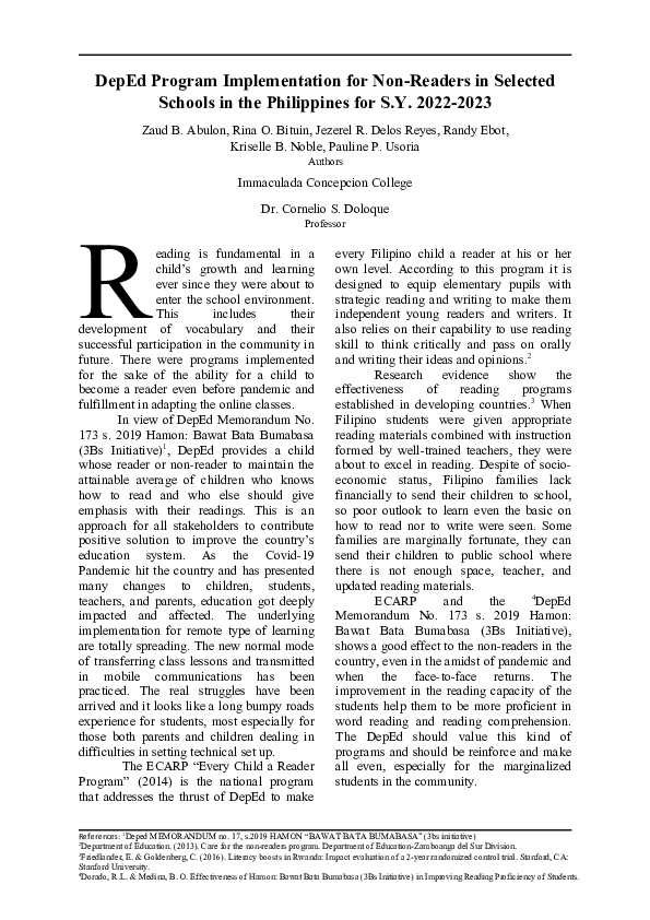 (DOC) DepEd Program Implementation for Non-Readers in Selected Schools ...