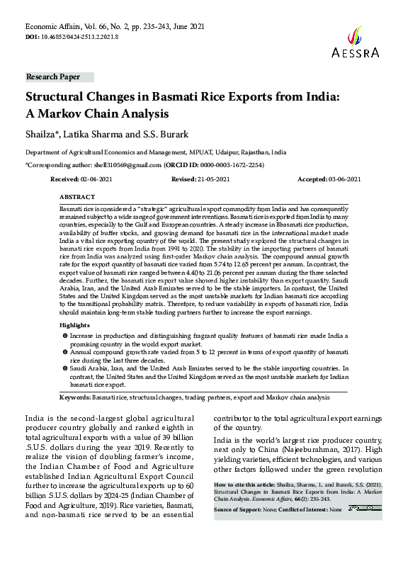 (PDF) Structural Changes in Basmati Rice Exports from India: A Markov ...