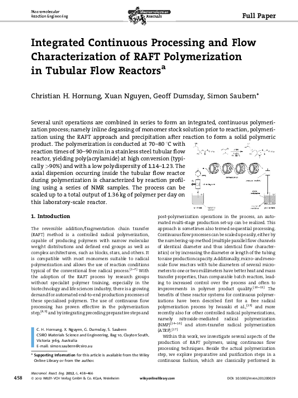 (PDF) Integrated Continuous Processing and Flow Characterization of RAFT Polymerization in ...