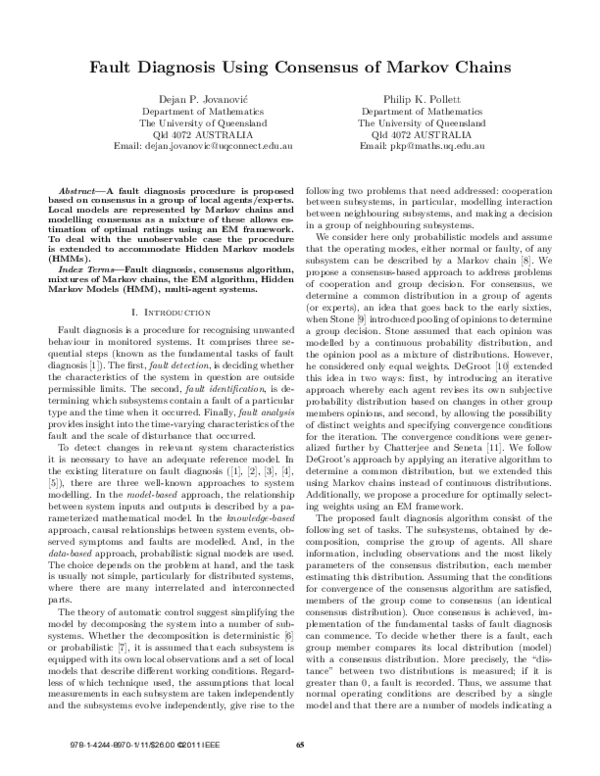 (PDF) Fault diagnosis using consensus of Markov chains