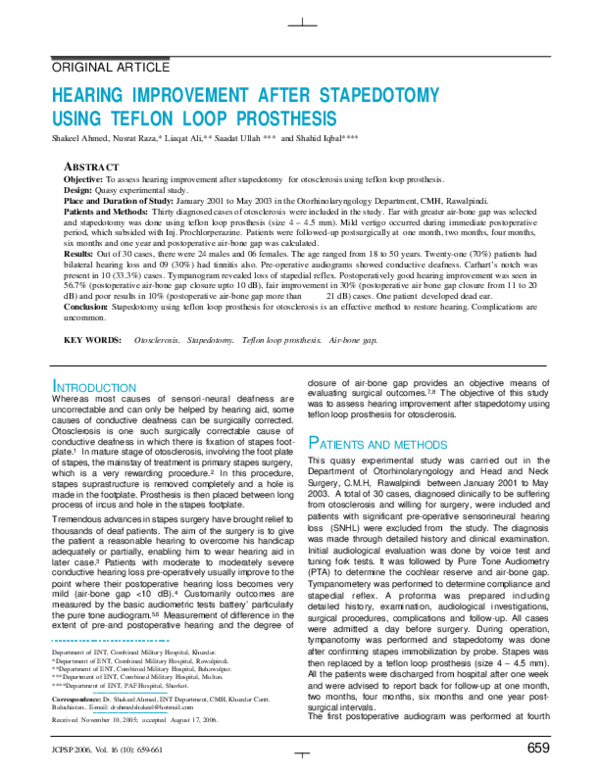 (PDF) Hearing improvement after stapedotomy using teflon loop prosthesis