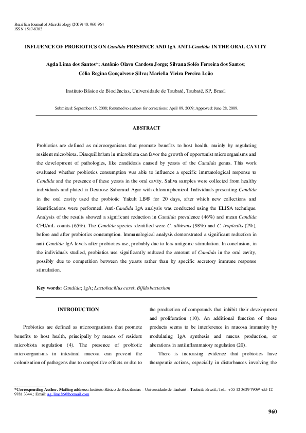 (PDF) Influence of probiotics on Candida presence and IgA anti-Candida ...