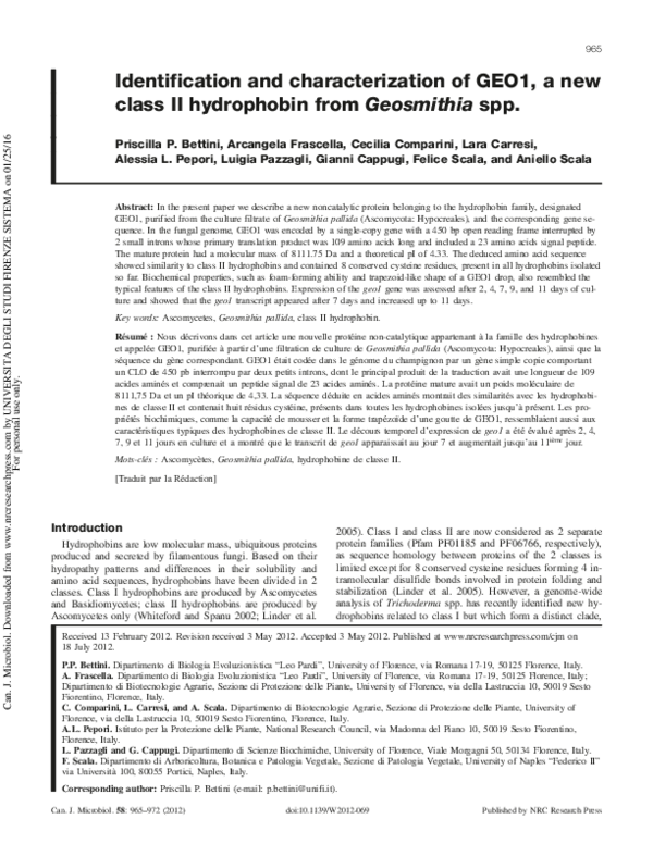 (PDF) Identification and characterization of GEO1, a new class II hydrophobin from Geosmithia spp