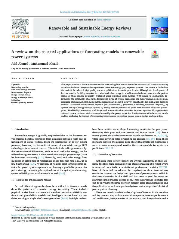 Pdf A Review On The Selected Applications Of Forecasting Models In Renewable Power Systems