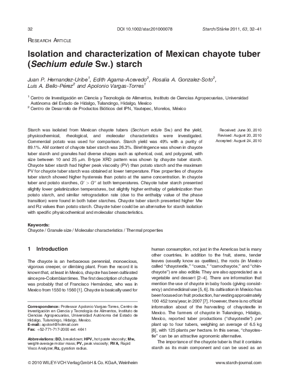 (PDF) Isolation and characterization of Mexican chayote tuber (Sechium edule Sw.) starch