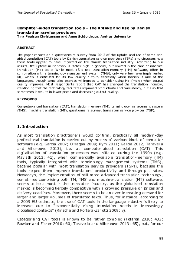 Pdf Computer Aided Translation Tools The Uptake And Use By Danish Translation Service