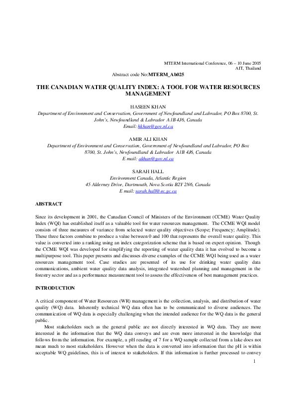 (PDF) The Canadian Water Quality Index: A Tool for Water Resources ...