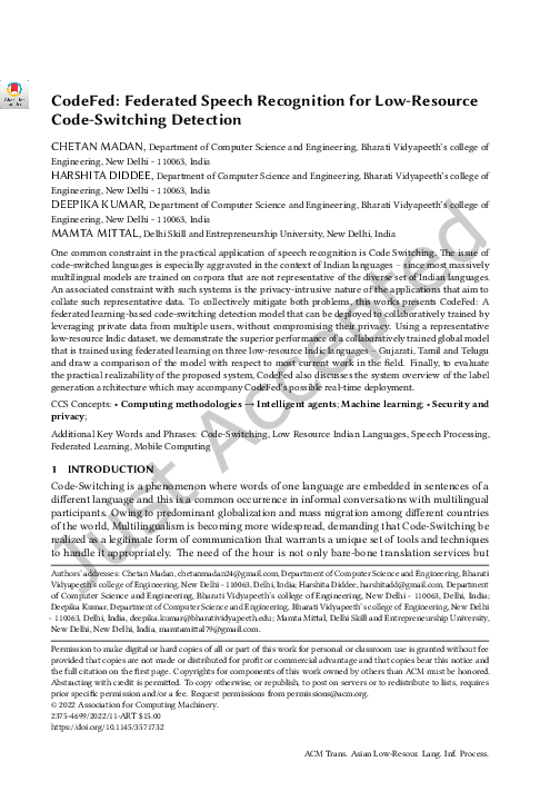 Pdf Codefed Federated Speech Recognition For Low Resource Code Switching Detection