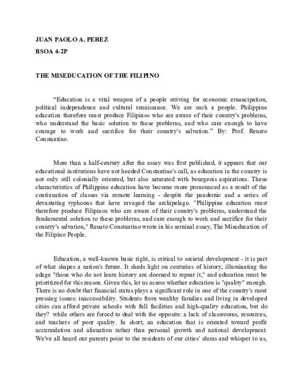 (DOC) THE MISEDUCATION OF THE FILIPINO