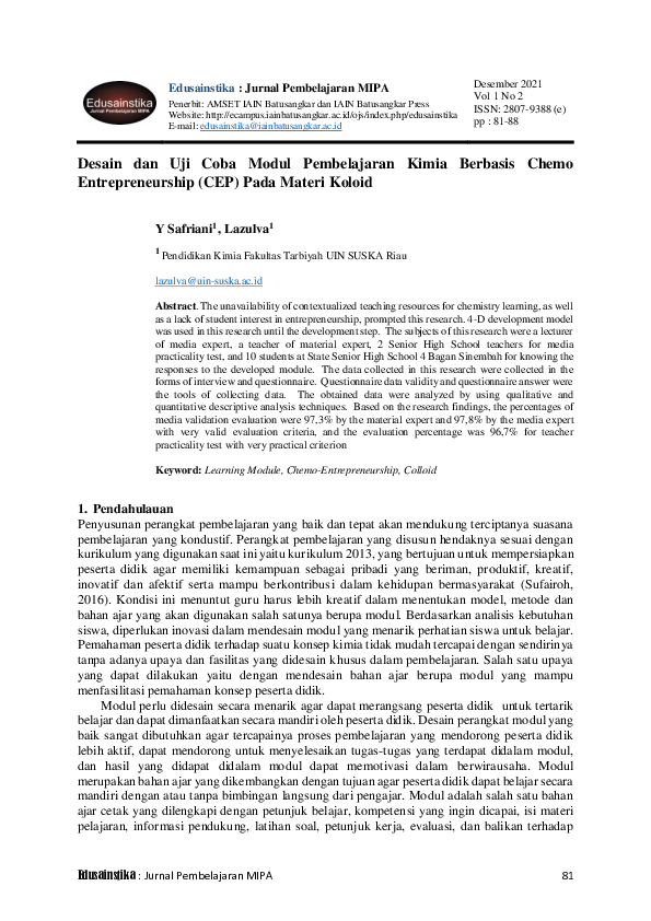 (PDF) Desain dan Uji Coba Modul Pembelajaran Kimia Berbasis Chemo Entrepreneurship (CEP) Pada ...