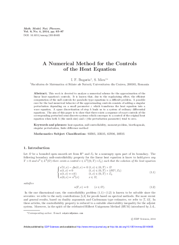 (PDF) A Numerical Method for the Controls of the Heat Equation