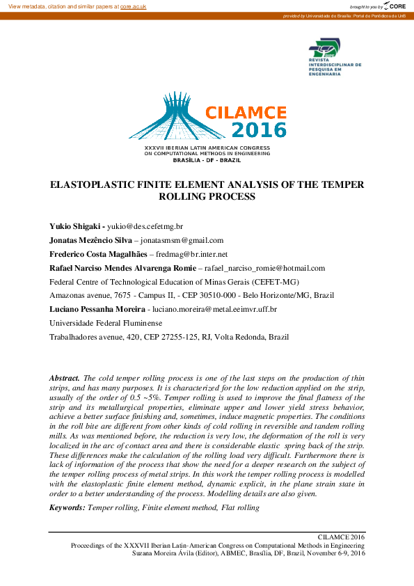(PDF) Elastoplastic Finite Element Analysis of the Temper Rolling Process