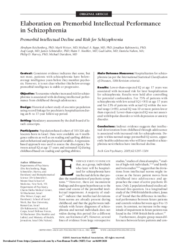 (PDF) Elaboration on Premorbid Intellectual Performance in Schizophrenia