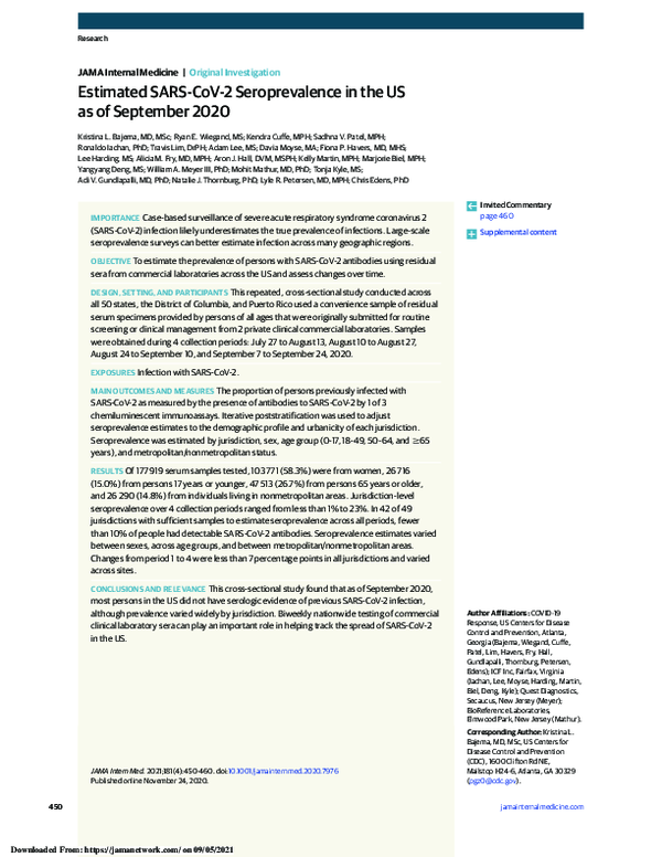 (PDF) Estimated SARS-CoV-2 Seroprevalence in the US as of September ...