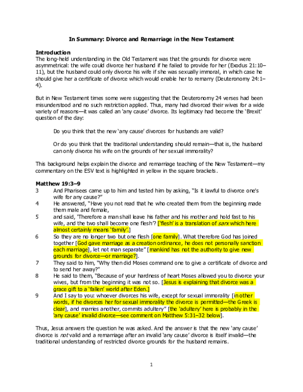 Pdf In Summary Divorce And Remarriage In The New Testament