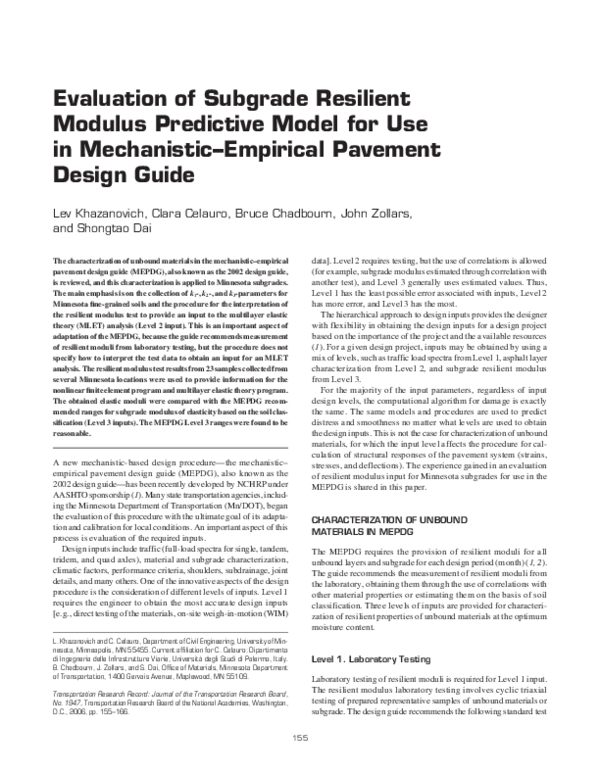 (PDF) Evaluation of Subgrade Resilient Modulus Predictive Model for Use in Mechanistic-Empirical ...