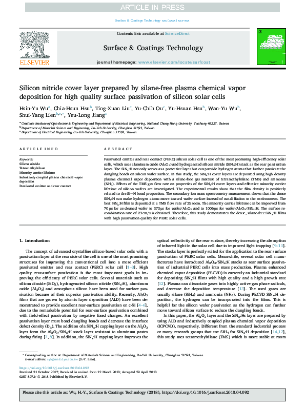 (PDF) Silicon nitride cover layer prepared by silane-free plasma chemical vapor deposition for ...
