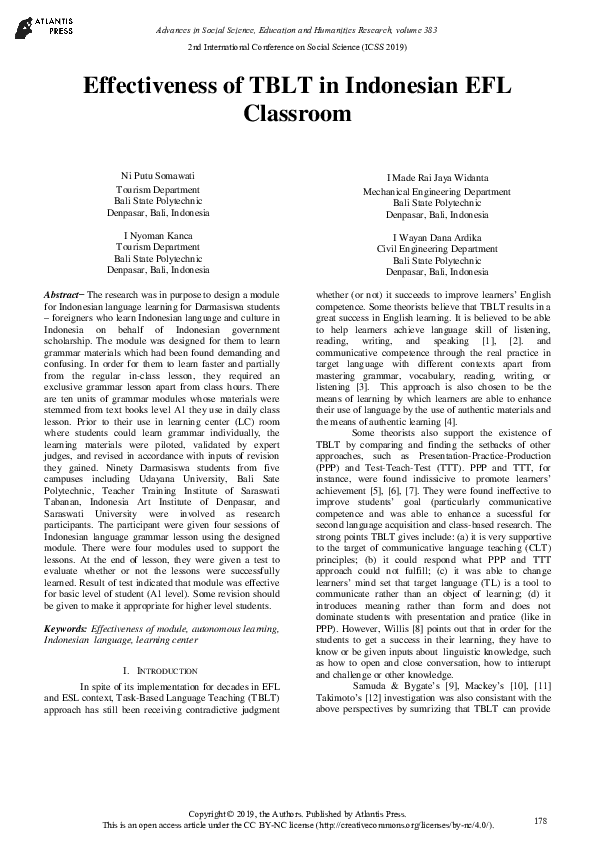 (PDF) Effectiveness of TBLT in Indonesian EFL Classroom