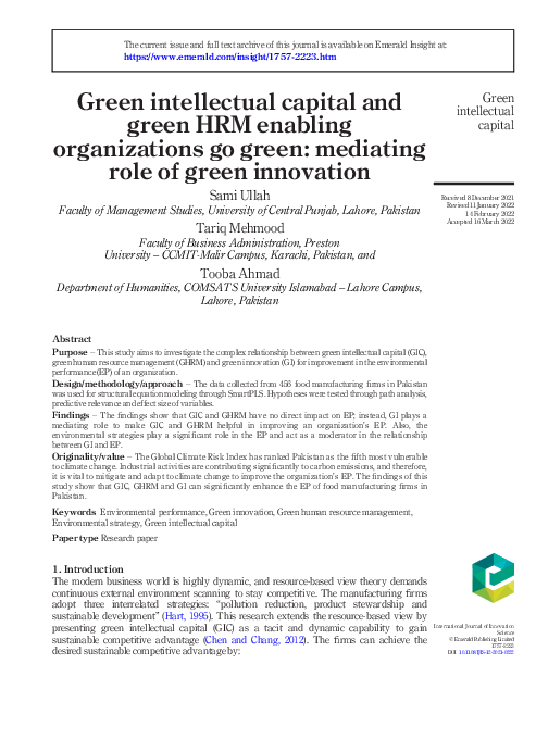 (PDF) Green intellectual capital and green HRM enabling organizations go green: mediating role ...