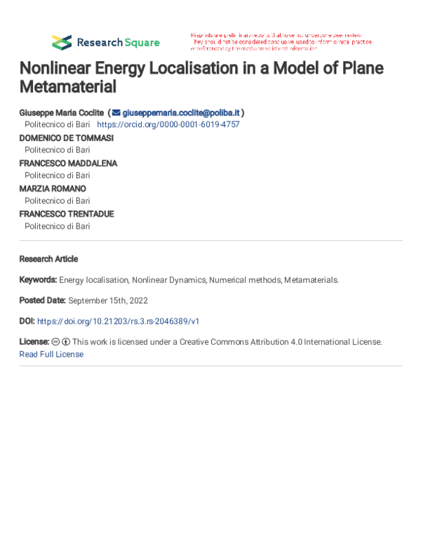 (PDF) Nonlinear Energy Localisation in a Model of Plane Metamaterial