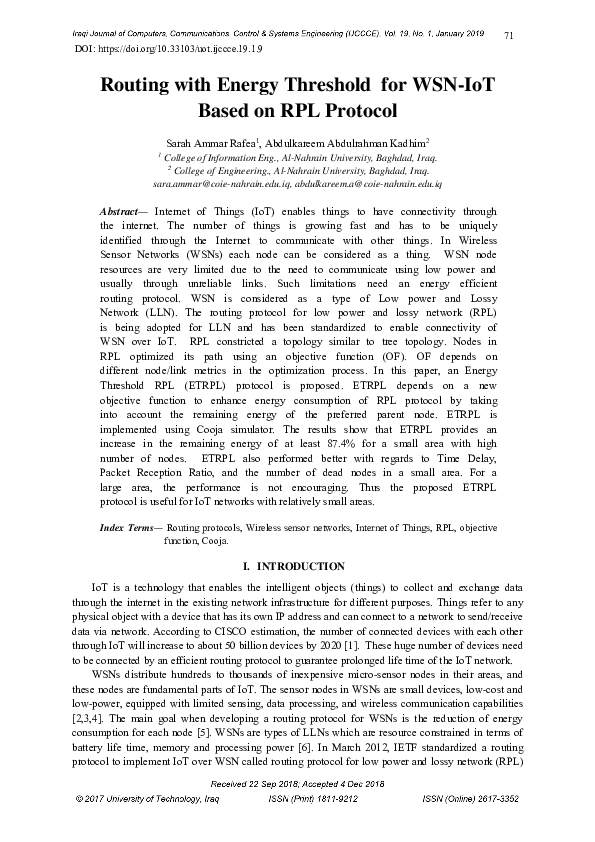 (PDF) Routing with Energy Threshold for WSN-IoT Based on RPL Protocol