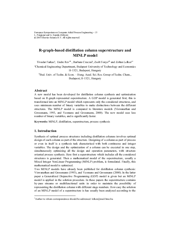 Pdf R Graph Based Distillation Column Superstructure And Minlp Model