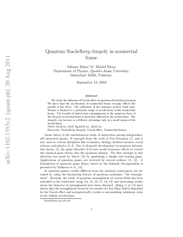 (PDF) Quantum Stackelberg Duopoly in a Noninertial Frame