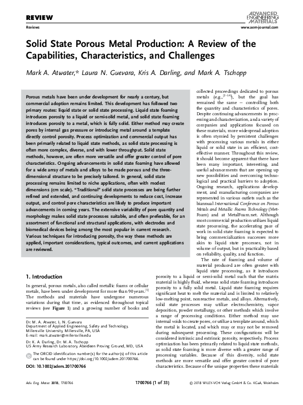 (PDF) Solid State Porous Metal Production: A Review of the Capabilities ...