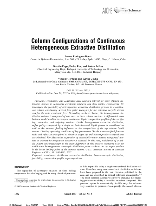 (PDF) Column configurations of continuous heterogeneous extractive distillation
