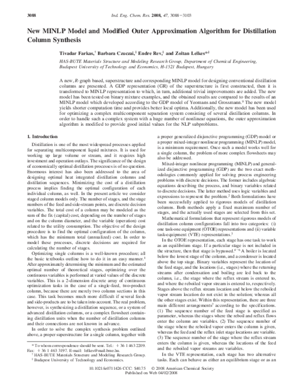 Pdf New Minlp Model And Modified Outer Approximation Algorithm For Distillation Column Synthesis