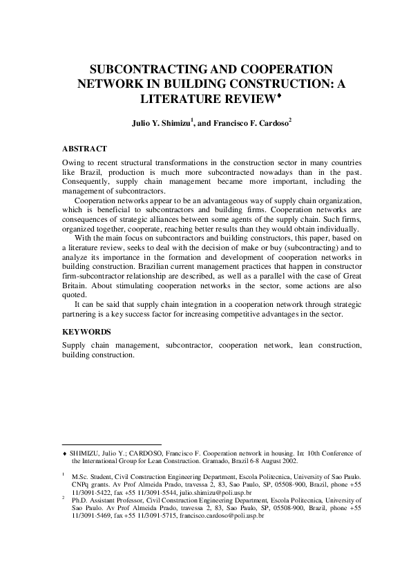 (PDF) Subcontracting and Cooperation Network In Building Construction: a Literature Review