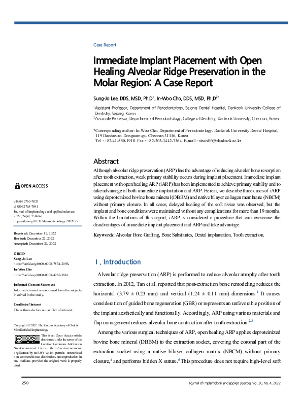 (PDF) Immediate Implant Placement with Open Healing Alveolar Ridge Preservation in the Molar ...