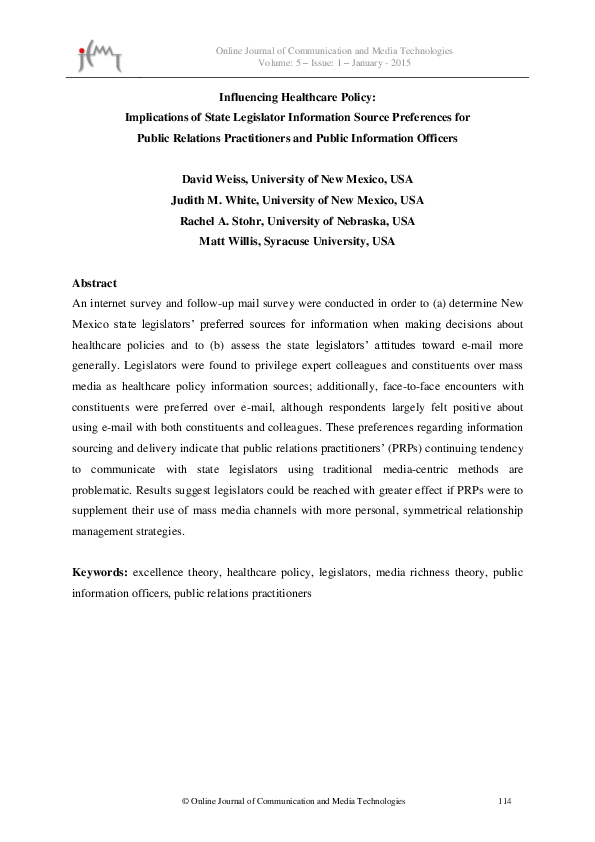 (PDF) Influencing Healthcare Policy: Implications of State Legislator ...