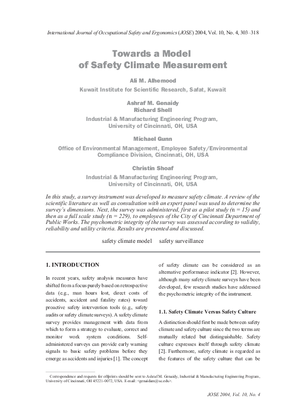 (PDF) Towards a model of safety climate measurement