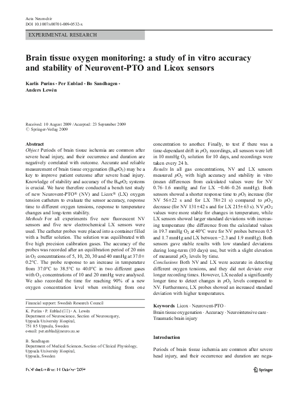 (PDF) Brain tissue oxygen monitoring: a study of in vitro accuracy and ...