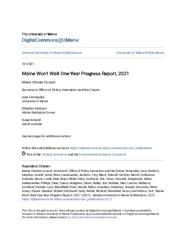 (PDF) Maine Won\u27t Wait One-Year Progress Report, 2021