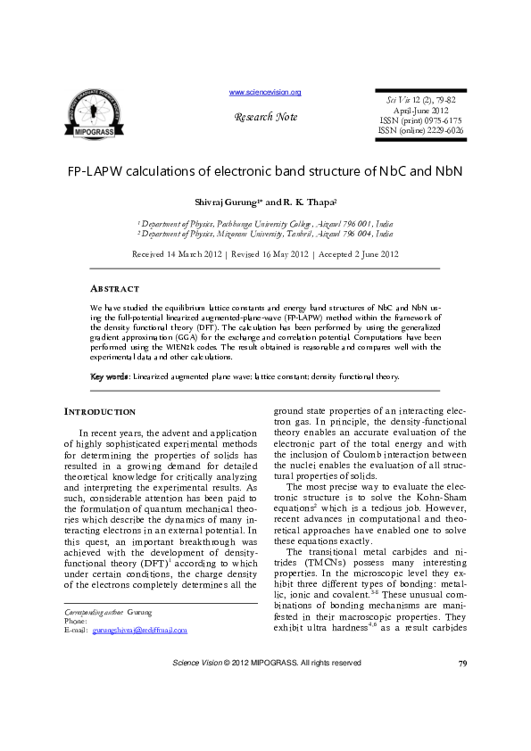 (PDF) FP-LAPW calculations of electronic band structure of NbC and NbN