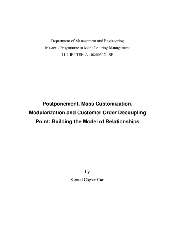 (PDF) Postponement, Mass Customization, Modularization and Customer ...