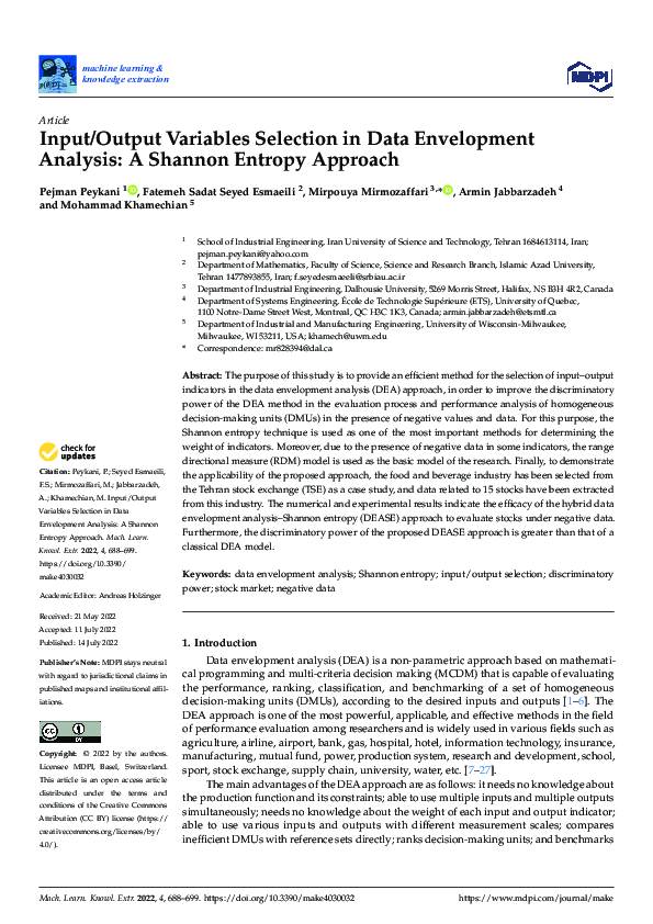 Pdf Input Output Variables Selection In Data Envelopment Analysis A Shannon Entropy Approach