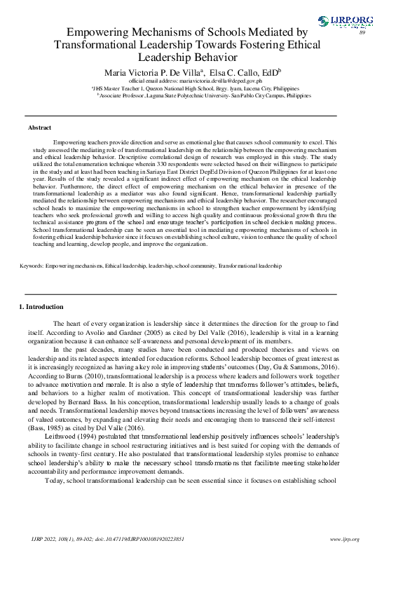 (PDF) Empowering Mechanisms of Schools Mediated by Transformational ...