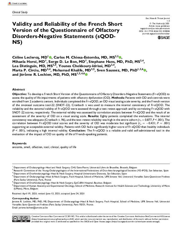 (PDF) Validity and Reliability of the French Short Version of the Questionnaire of Olfactory ...
