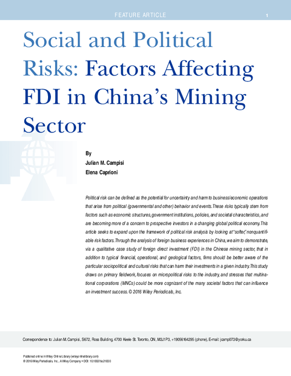 (PDF) Social and Political Risks: Factors Affecting FDI in China's ...