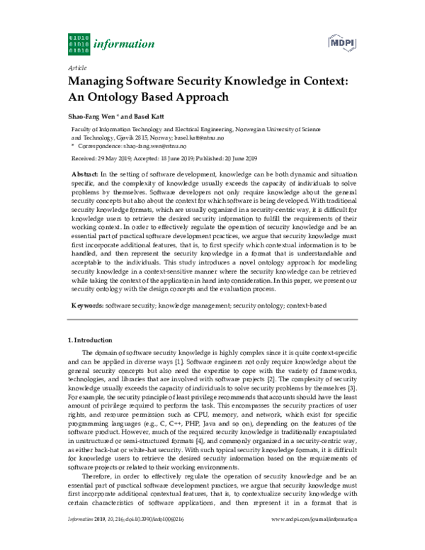 (PDF) Managing Software Security Knowledge in Context: An Ontology Based Approach