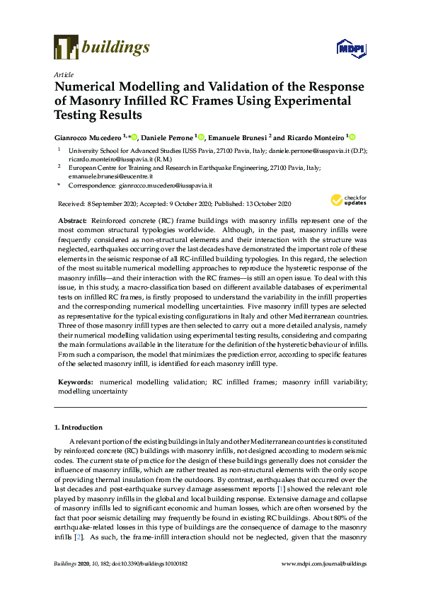 (PDF) Numerical Modelling and Validation of the Response of Masonry Infilled RC Frames Using ...