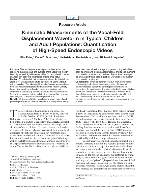 (PDF) Kinematic Measurements of the Vocal-Fold Displacement Waveform in ...