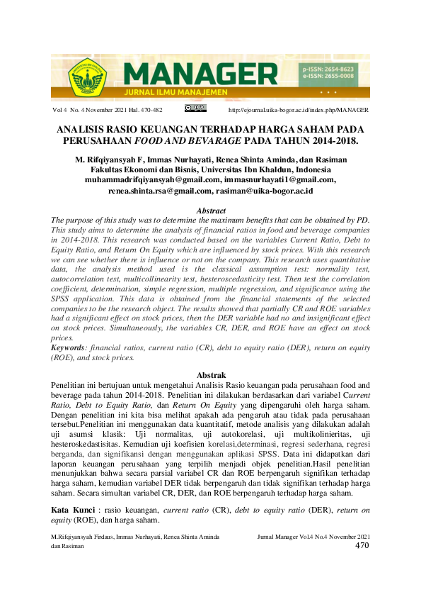 (PDF) Analisis Rasio Keuangan Terhadap Harga Saham Pada Perusahaan Food and Bevarage Pada Tahun ...