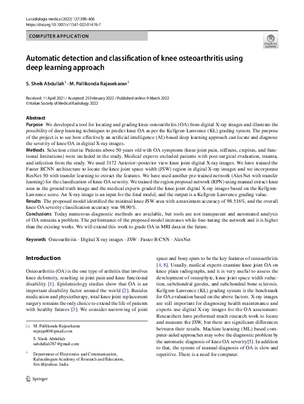 (PDF) Automatic detection and classification of knee osteoarthritis using deep learning approach