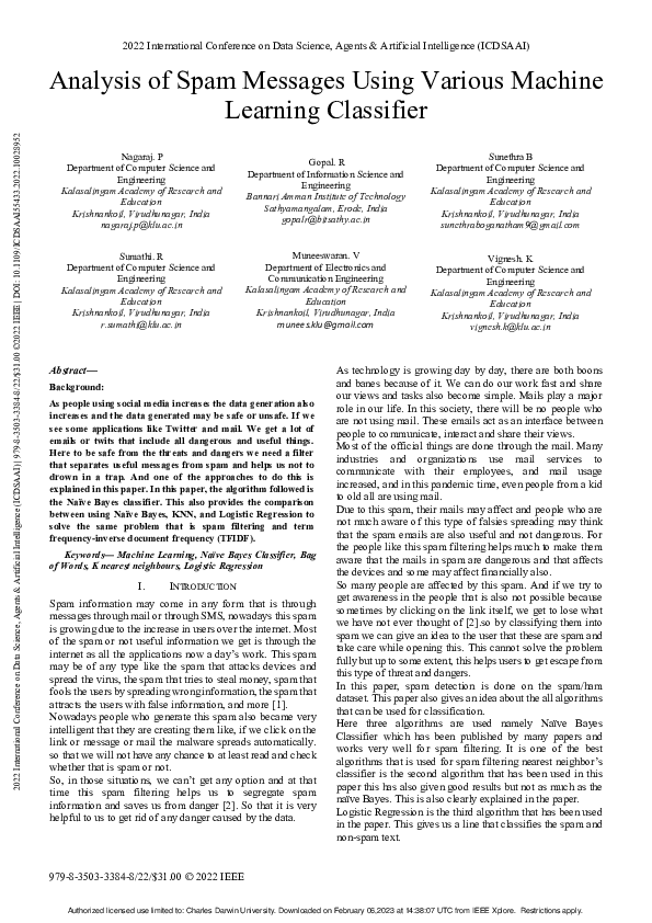 (PDF) Analysis of Spam Messages Using Various Machine Learning Classifier